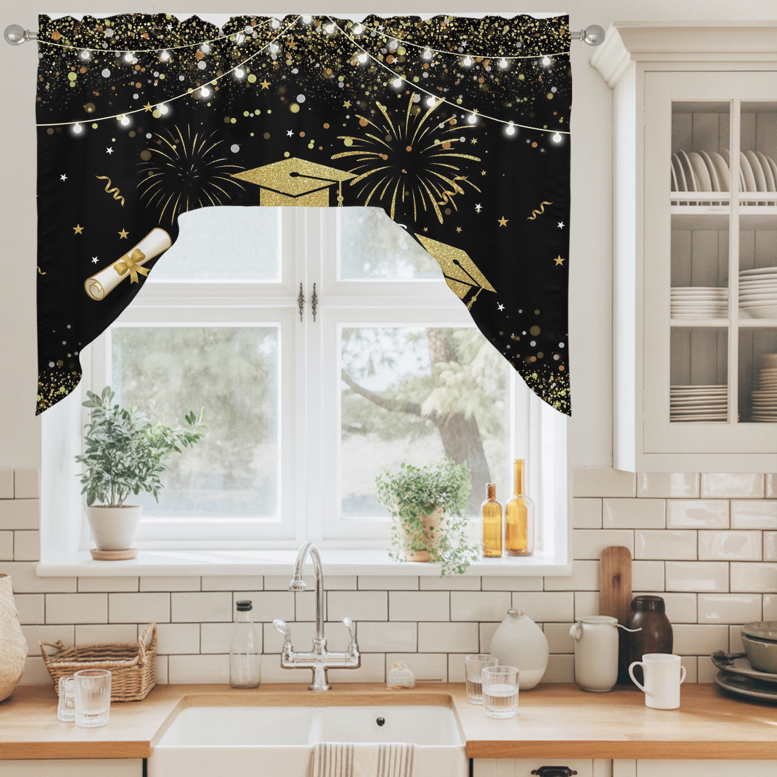 Black Gold Graduation Cap Swag Curtain Valance for Windows, Graduates ...