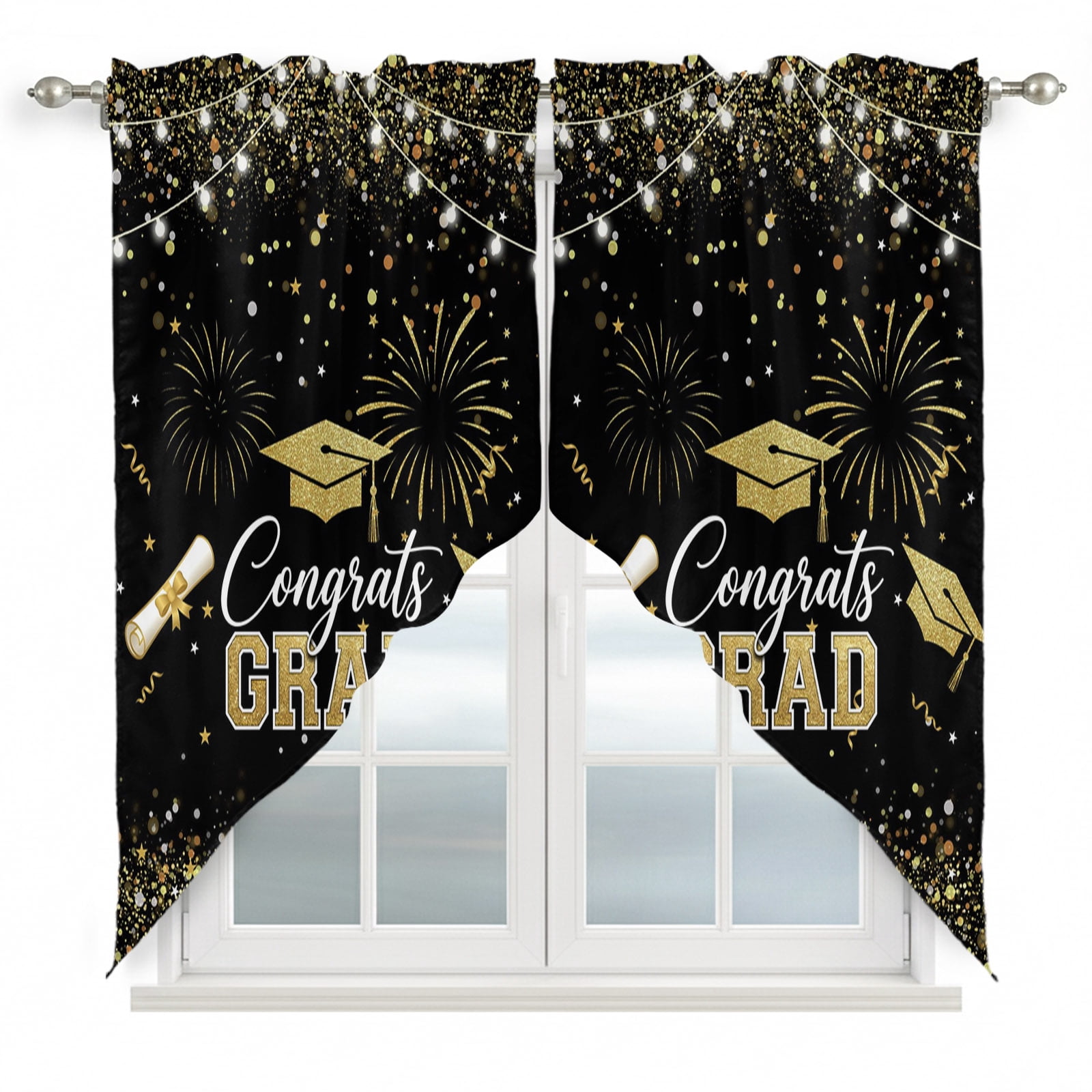 Black Gold Graduation Cap Swag Valances for Windows 2 Pack Graduates ...