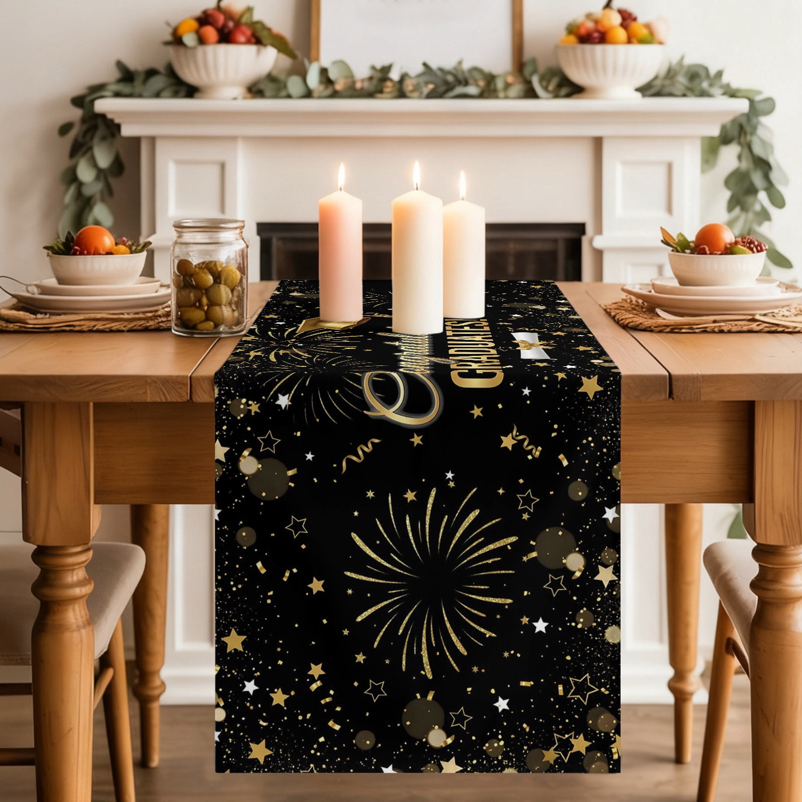 Black Gold Graduation Cap Table Runner, Graduates Celebration Fireworks ...