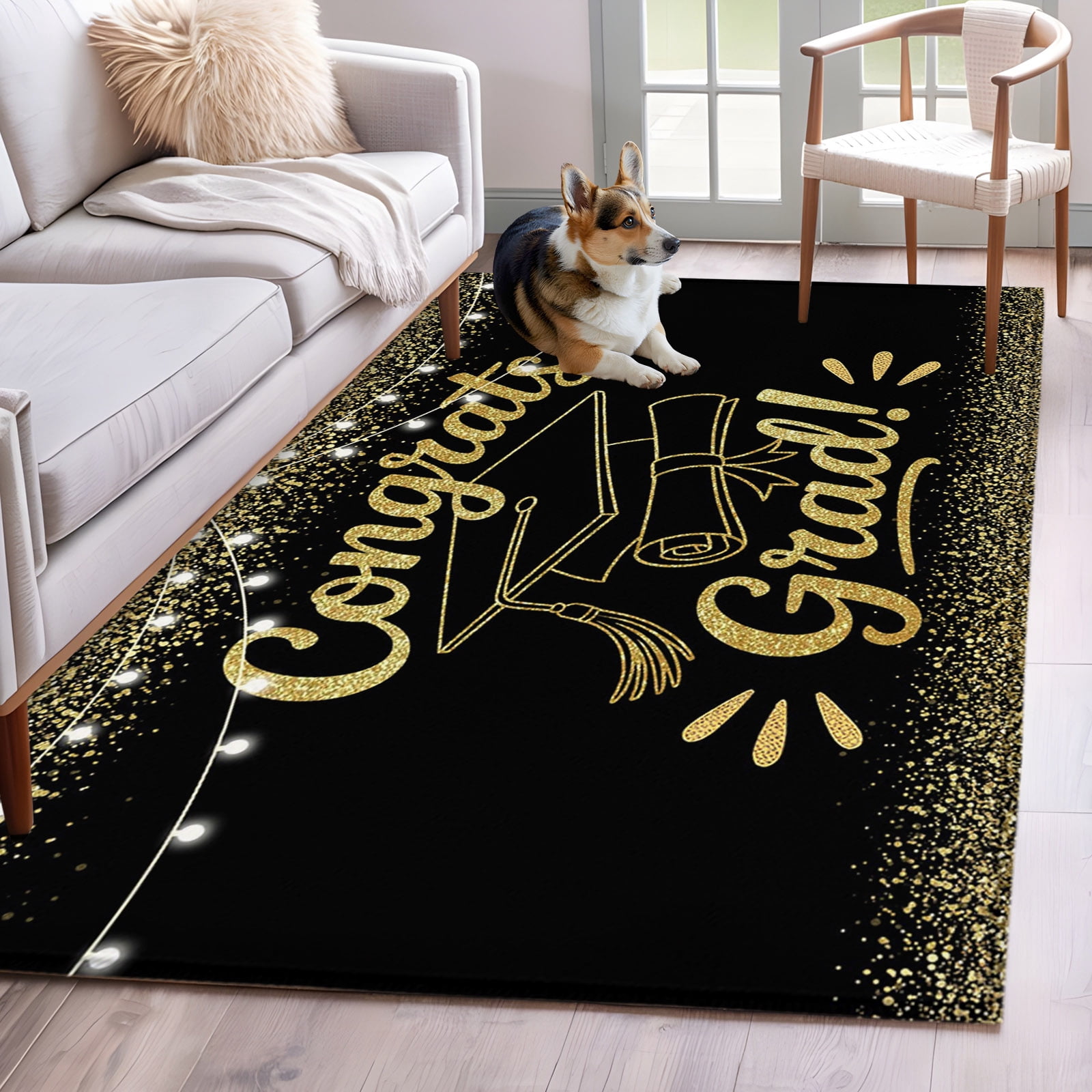 Black Gold Graduation Cap Washable Area Rug 4x6 Sequins Light Festive ...
