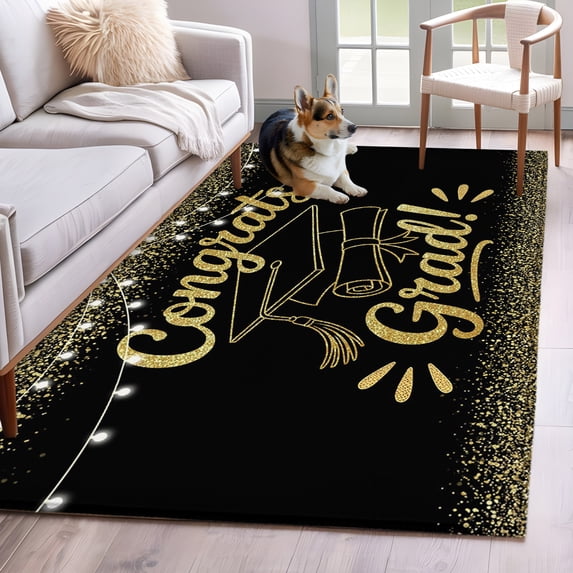 Black Gold Graduation Cap Washable Area Rug 4x6 Sequins Light Festive ...