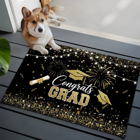 Black Gold Graduation Cap Washable Entry Rug 2x3 Graduates Celebration ...