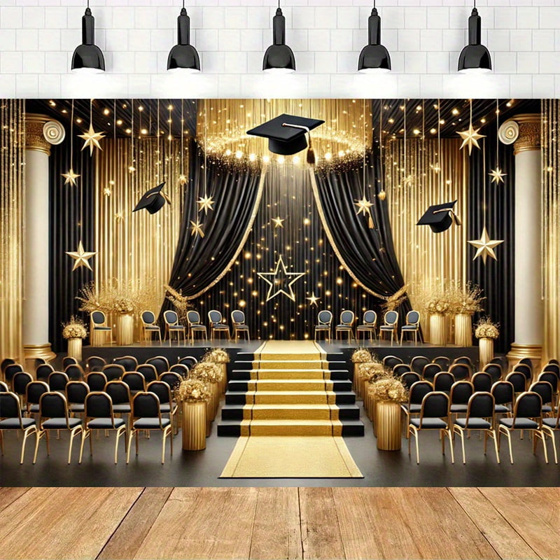 Black Gold Graduation Ceremony Backdrop Golden Stars Congrats Grad ...