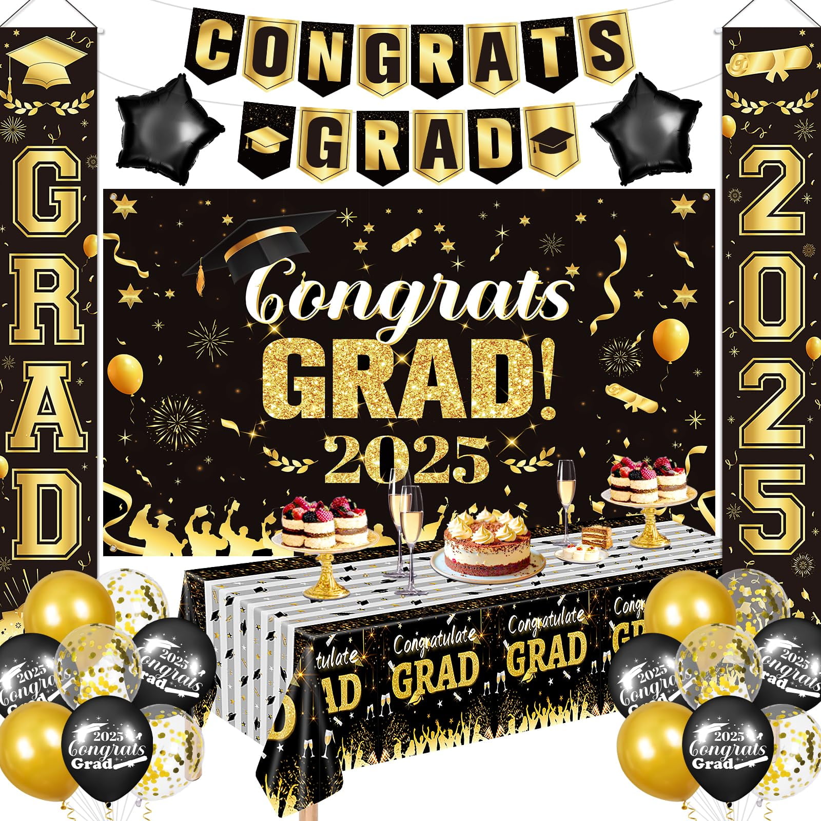 Black Gold Graduation Decorations STF9 Banner 2025, Black Gold Congrats ...