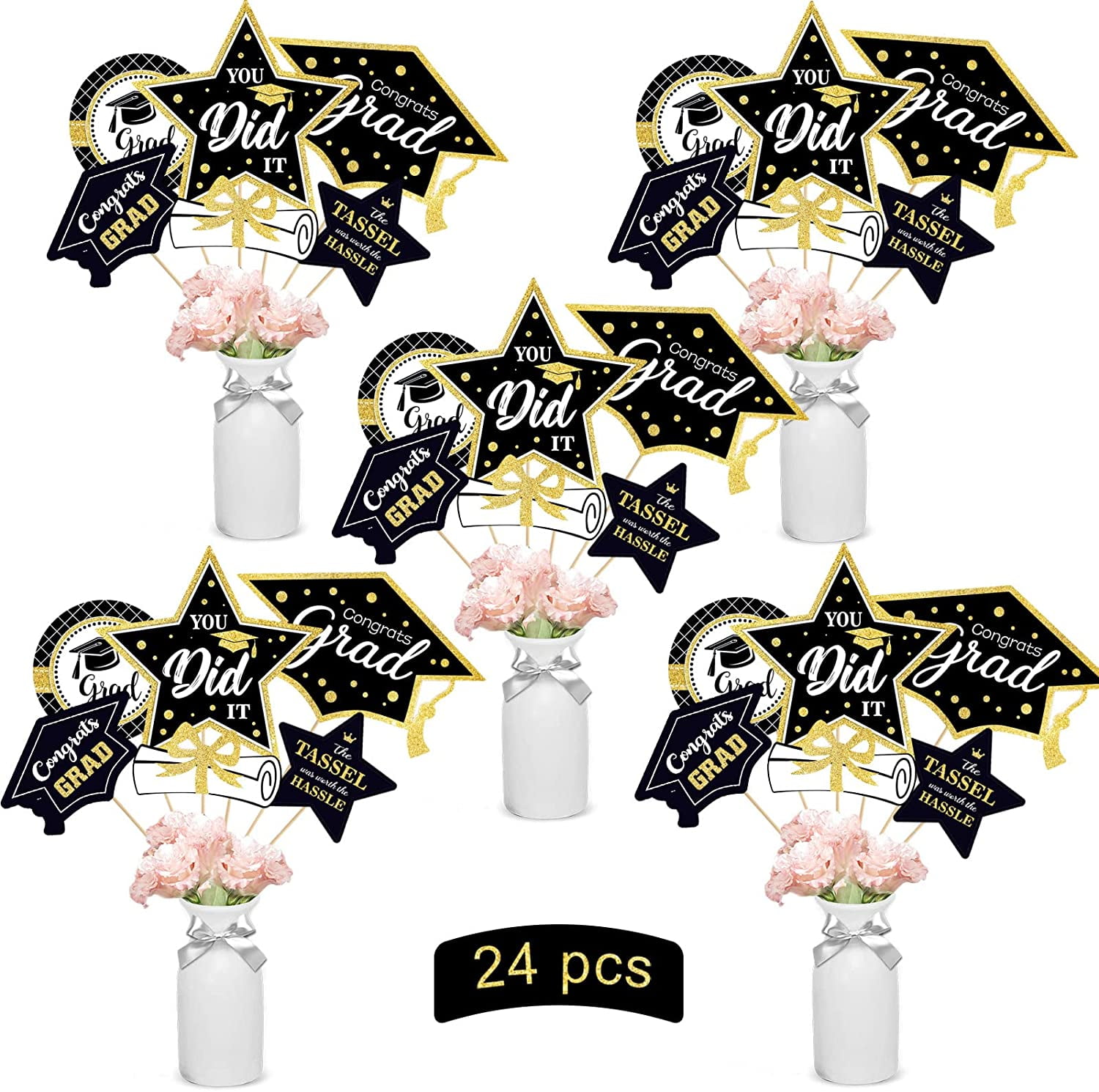 Black and Gold Graduation Decorations Set of 24 Class of 2025 Table ...