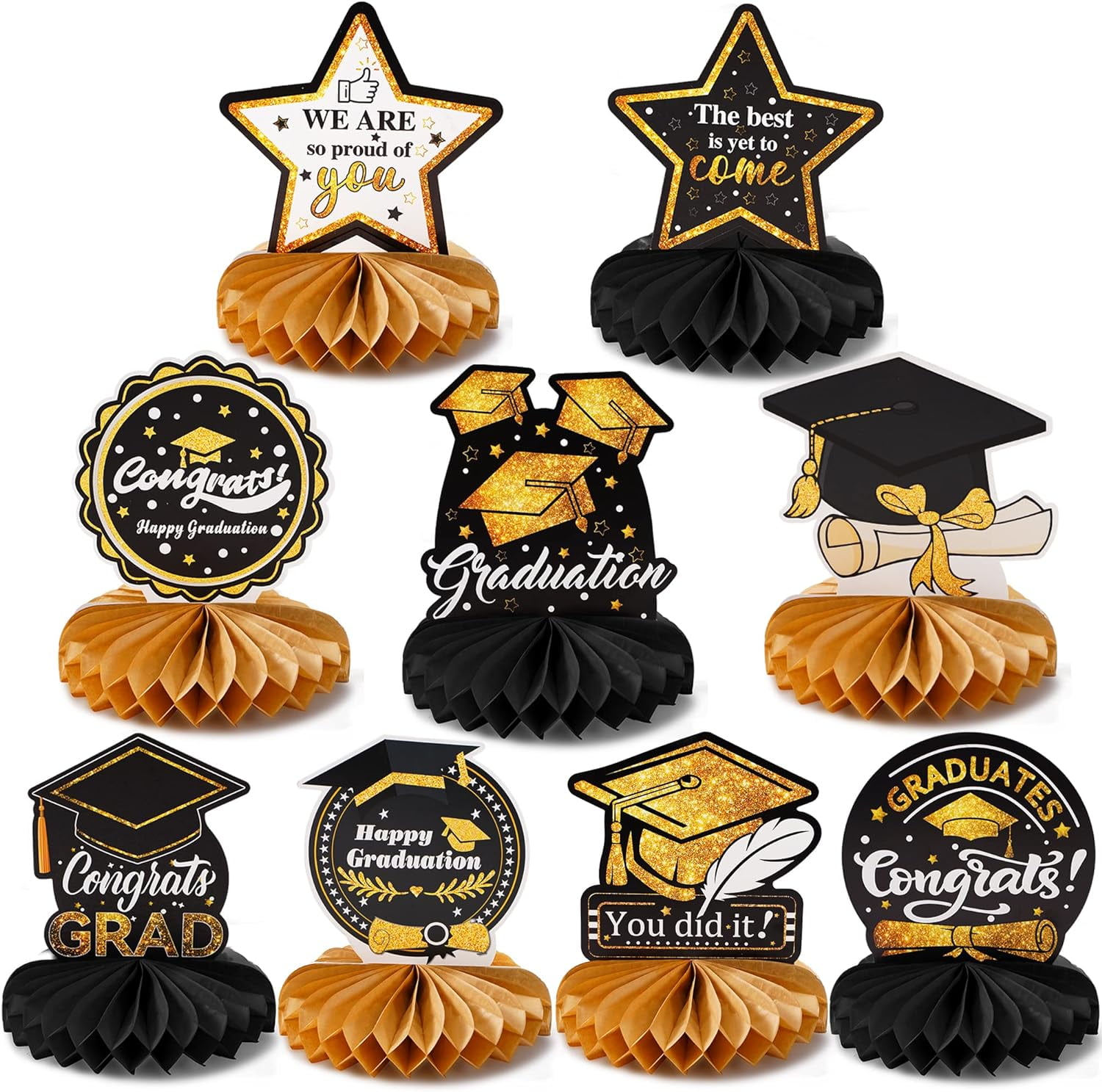 Black Gold Graduation Honeycomb Centerpieces - 2022 Party Table ...