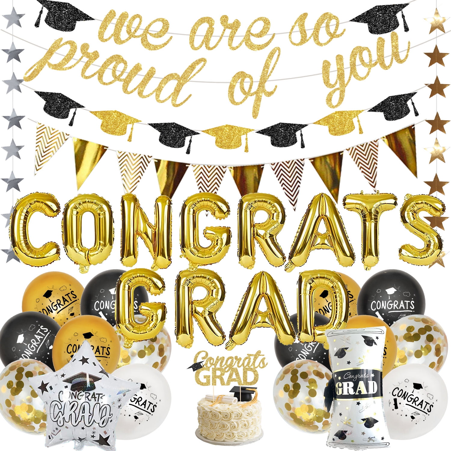 Black and Gold Graduation Party Decorations Congrats Grad Foil Balloons ...