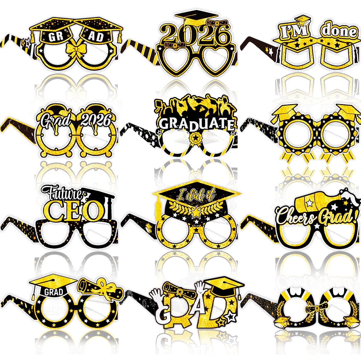 Black-Gold Graduation Party-Decorations Photo-Booth Props - 12pcs Cap ...