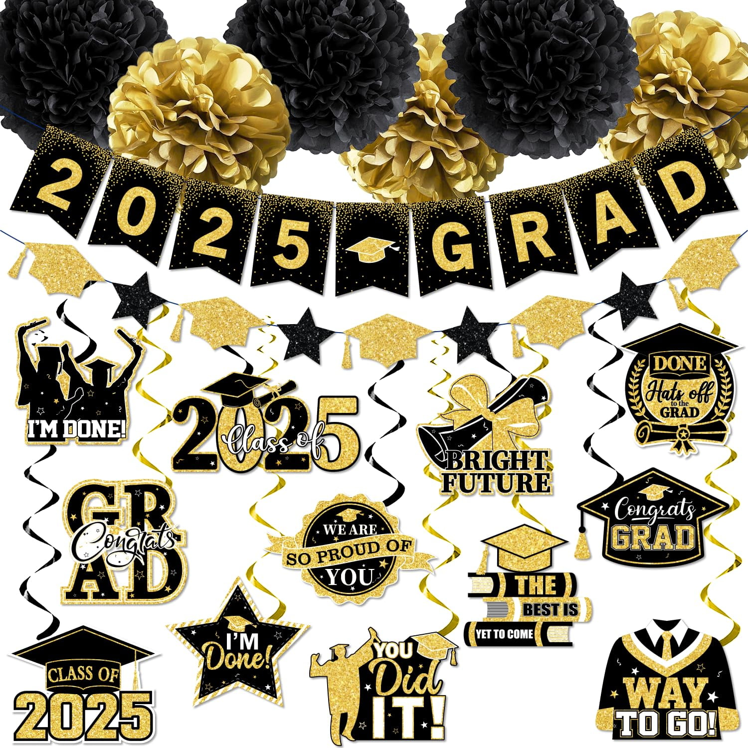 Black and Gold Graduation SSF20 Decorations, 2025 Grad and Congrats ...