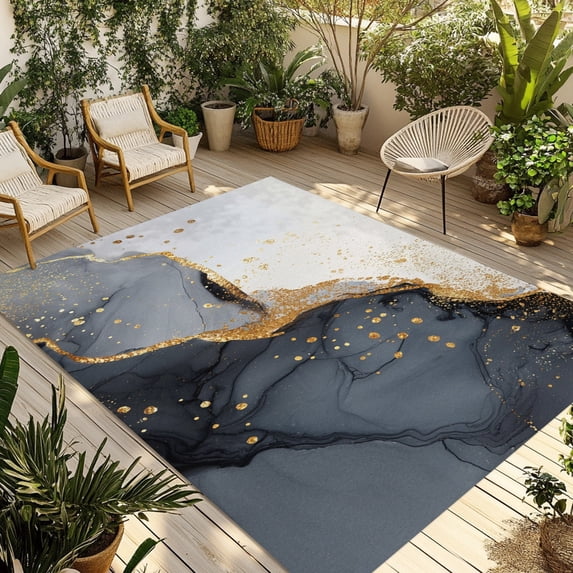 Black Gold Grey Marble Outdoor Rug, Texture Abstract Gradient Non-Slip ...