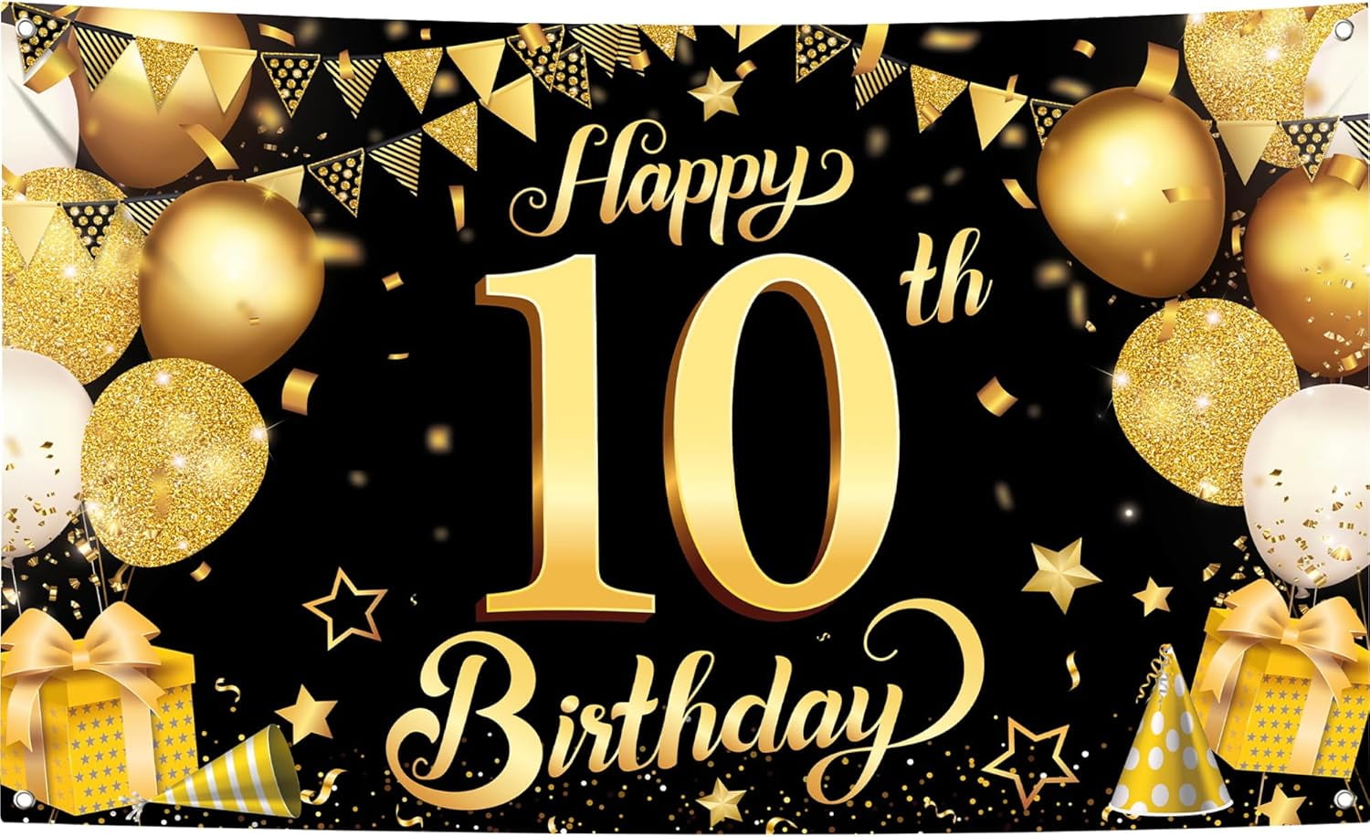 Black and Gold Happy 10th Birthday Banner, Happy 10th Birthday Backdrop ...