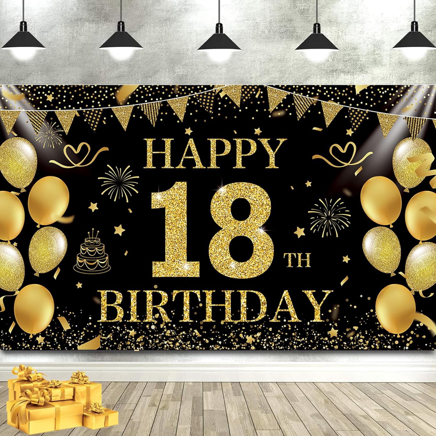 Black Gold Happy 18th Birthday Backdrop Banner 18th Photography ...