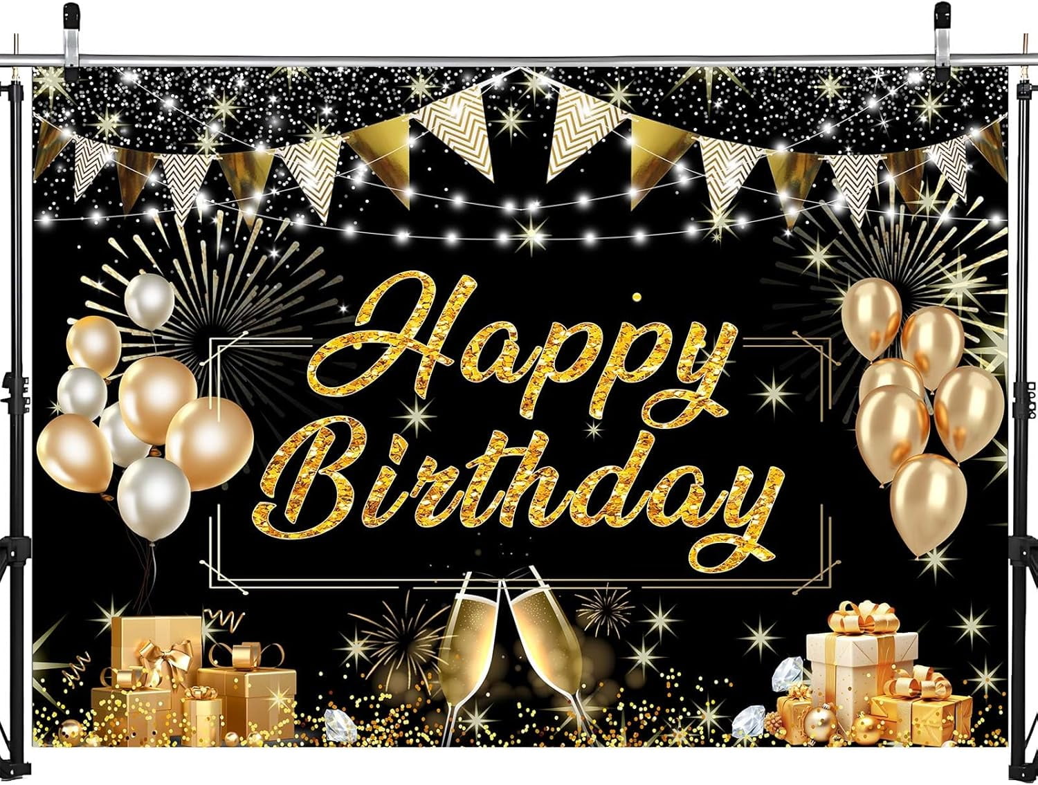 Black and Gold Happy Birthday Backdrop Decorations, Golden Balloon ...