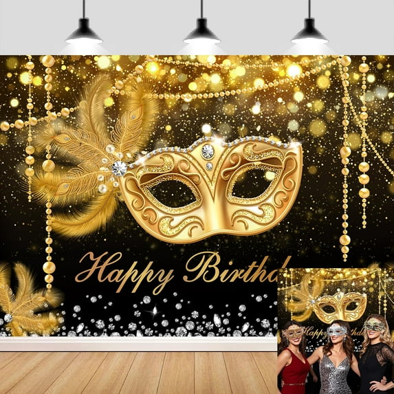 Black Gold Happy Birthday Backdrop Glitter Masquerade Mask Party ...