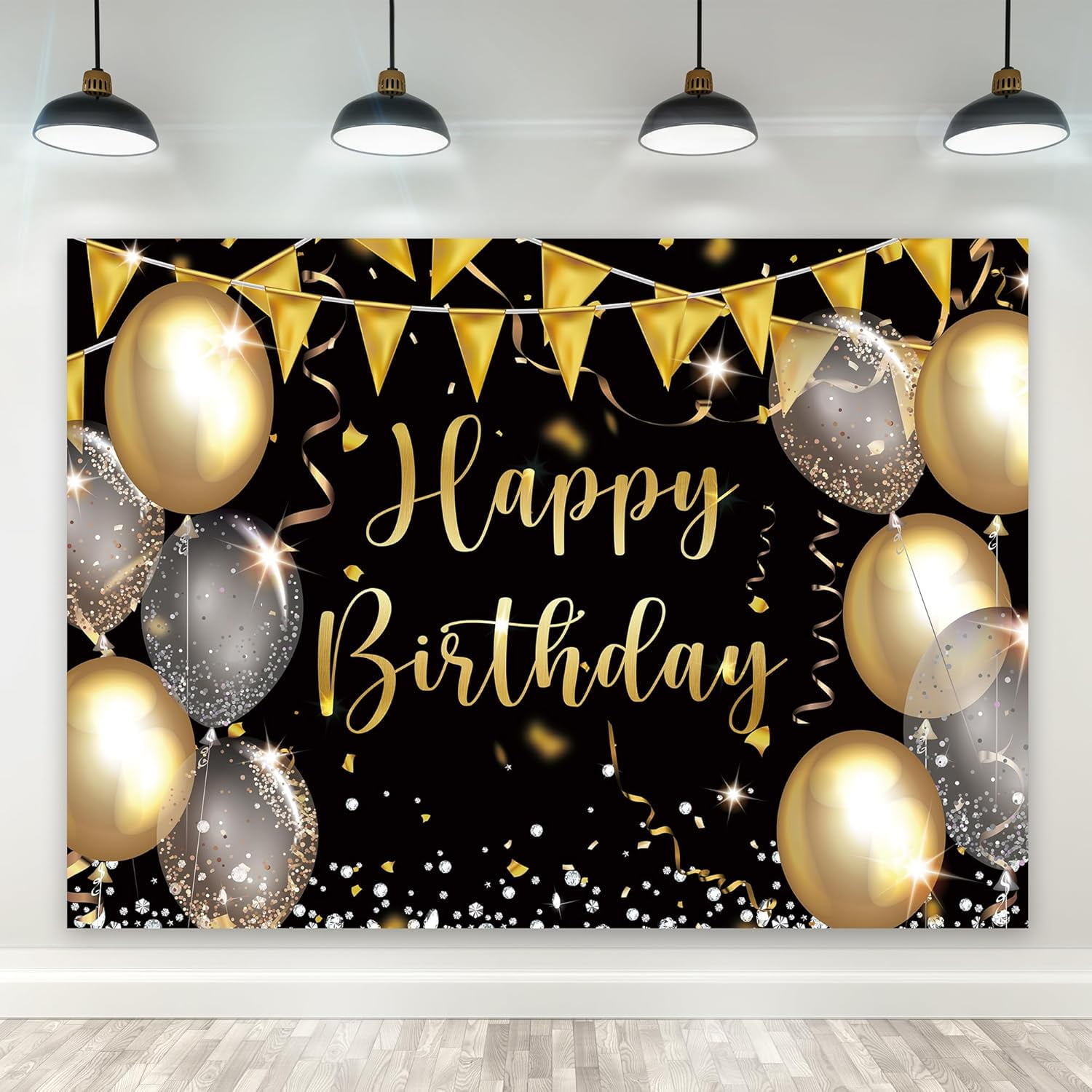 Black Gold Happy Birthday Backdrop Modern Silver Diamonds Sparkle ...