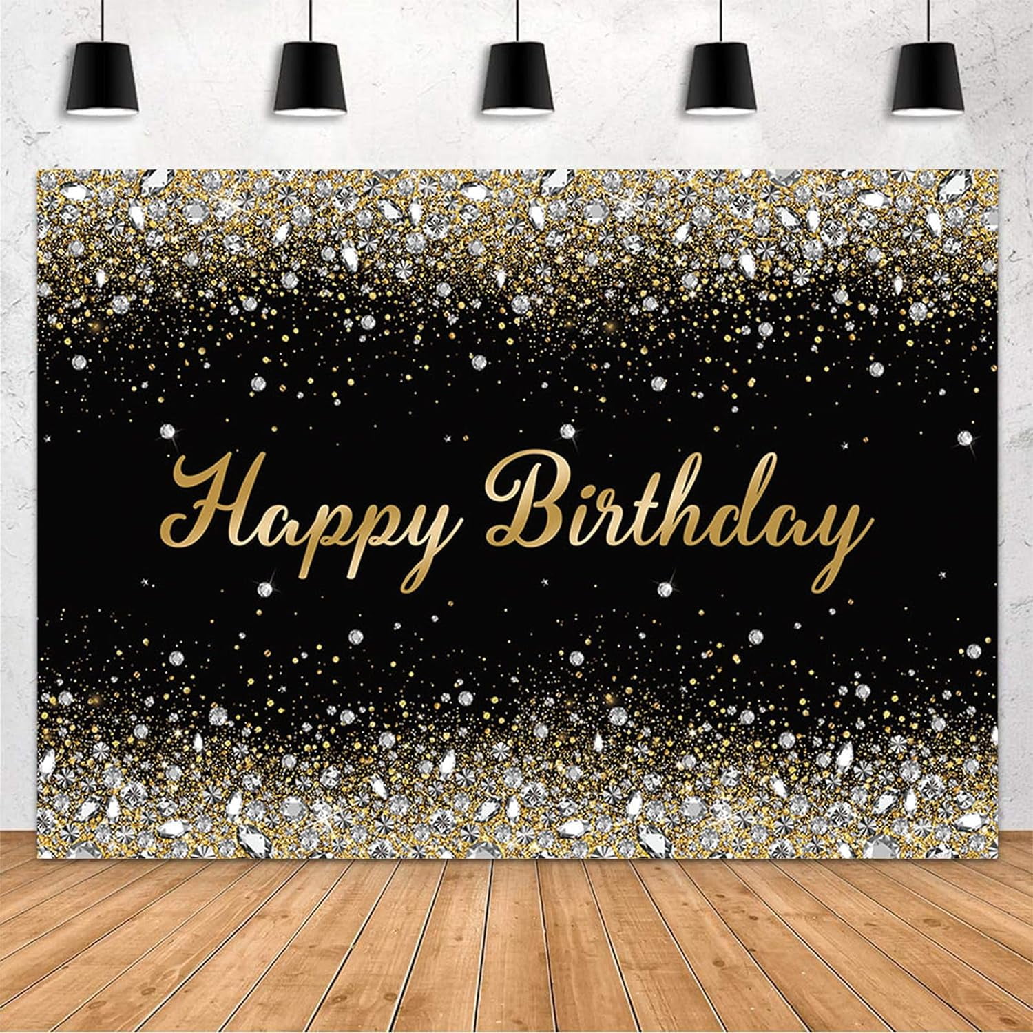 Black and Gold Happy Birthday Backdrop Shinning Gold Diamond Birthday ...