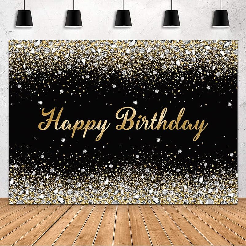 Black and Gold Happy Birthday Backdrop Shinning Gold Glitter Diamond ...