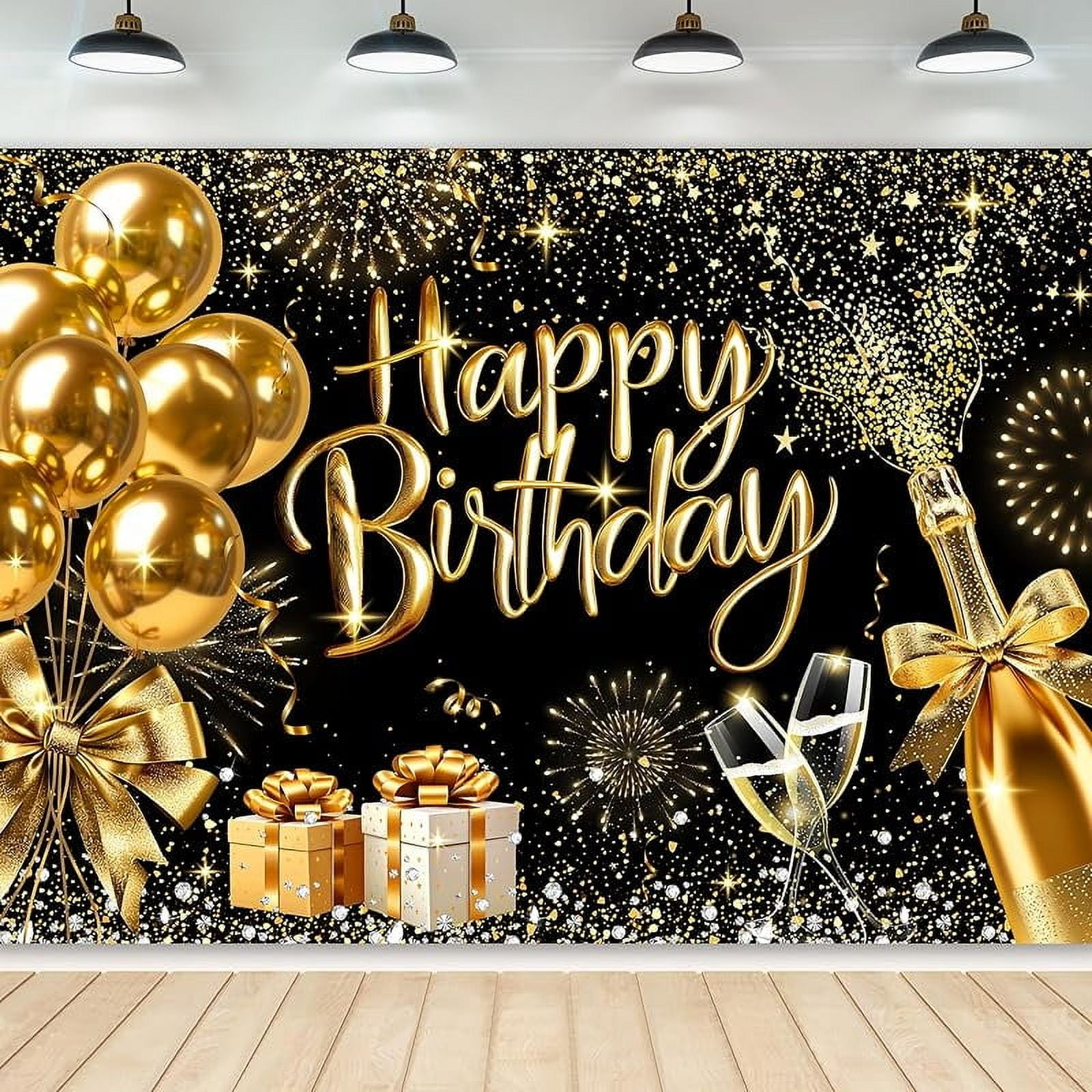 Black Gold Happy Birthday Backdrop for Woman Girl Photography Modern Luxury Champagne Balloons ...