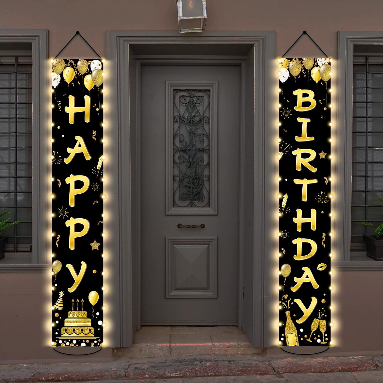 Black Gold Happy Birthday Door Banner ZLK1 Lighted Decorations for Men Women Happy Birthday ...