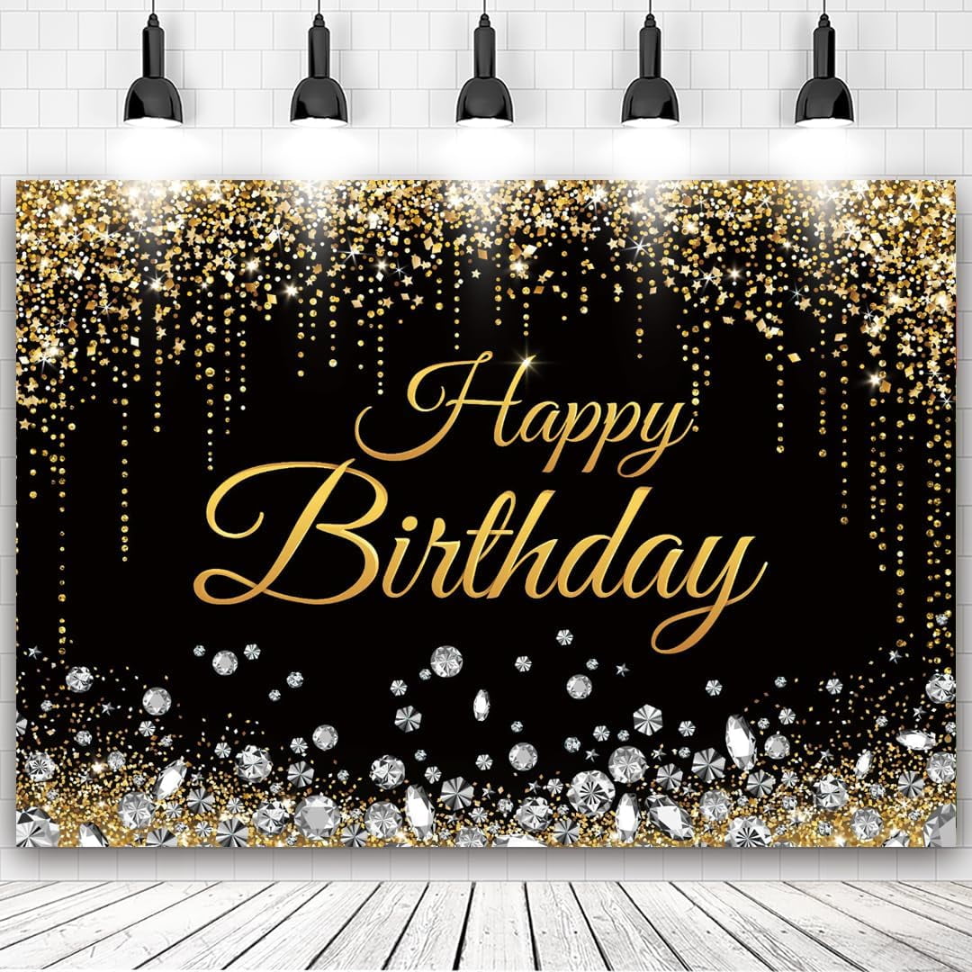 Black Gold Happy Birthday Party Backdrop for Men Women Birthday Photography Decorations Glitter ...