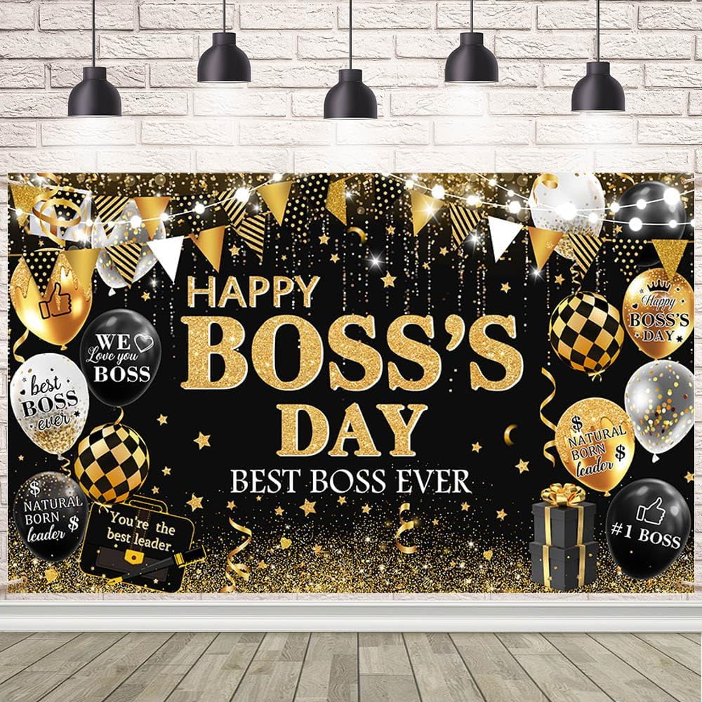 Black and Gold Happy Boss's Day Backdrop Banner Boss's Day Decorations ...
