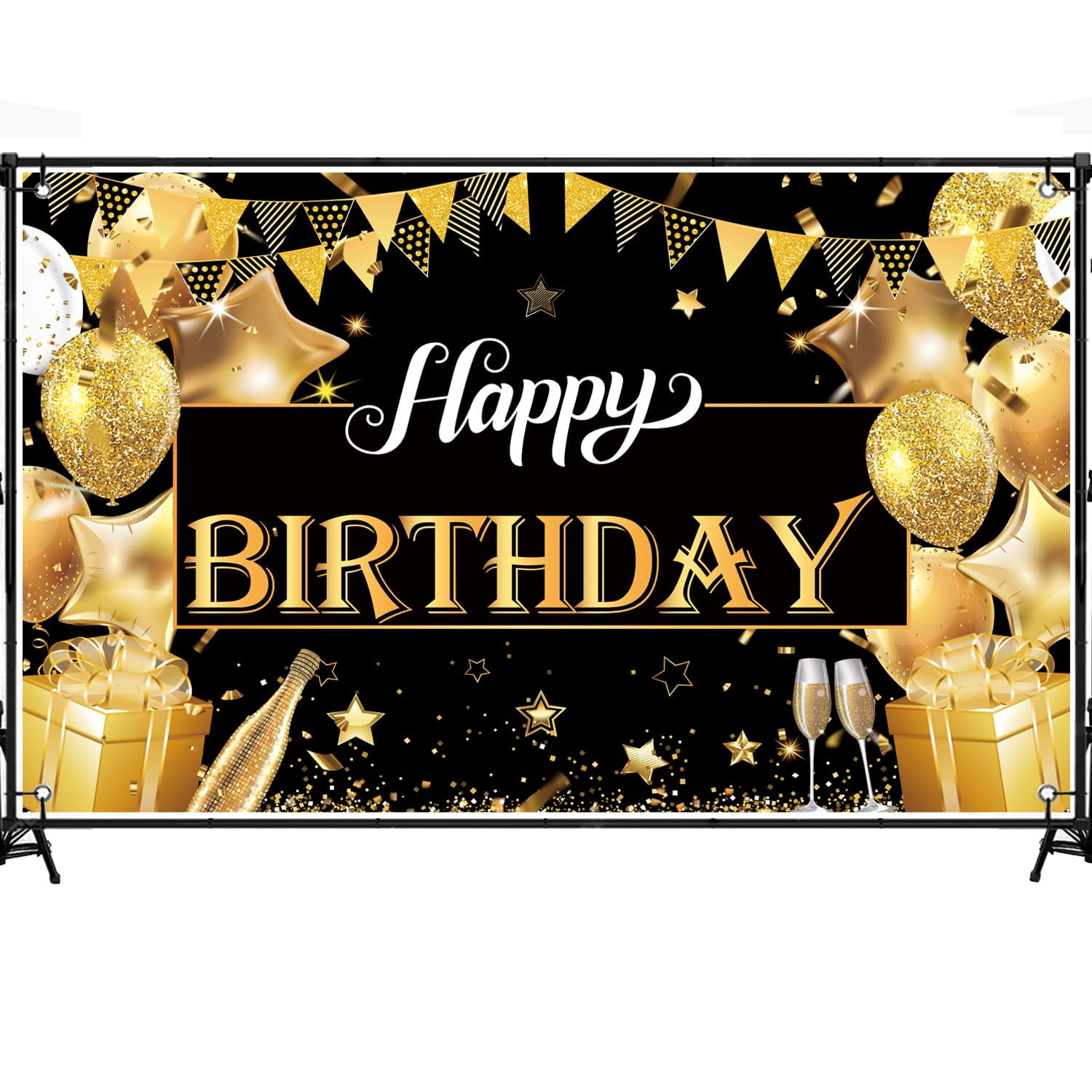 Black and Gold Happy MSF2 Birthday Backdrop Banner,6x3.6ft Black ...