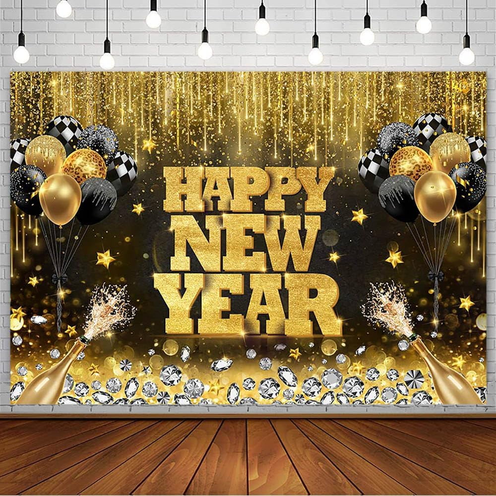 Black and Gold Happy New Year Backdrop Countdown Party Hello 2025 ...