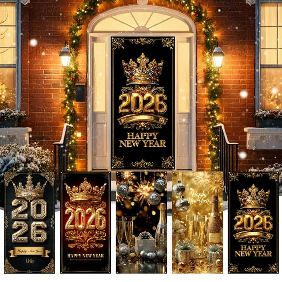 Black Gold Happy New Year, Large 2026 NYE Front Door for Indoor Outdoor ...