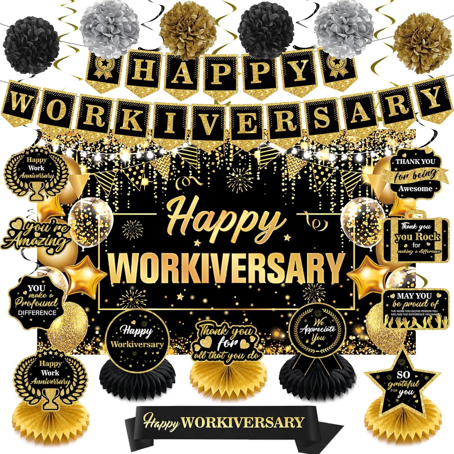 Black Gold Happy Workiversary Decorations Happy Work Anniversary Banner ...