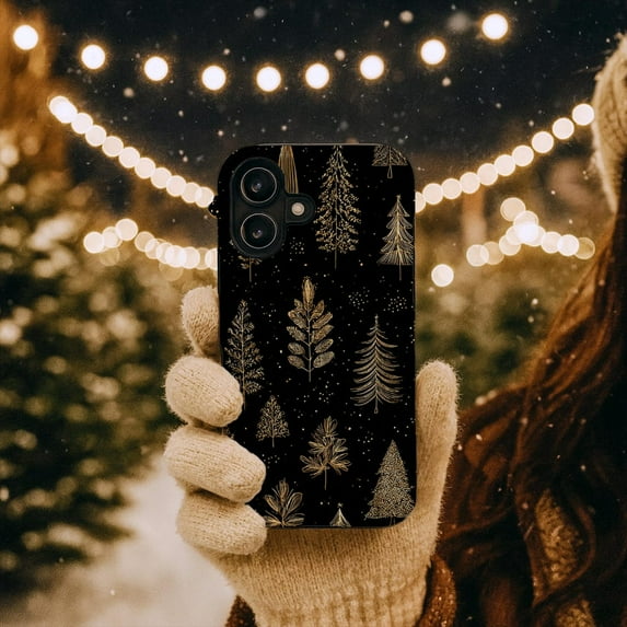 Black Gold Holiday Tree Pattern Phone Case with iPhone 17 to 11 Pro Max ...