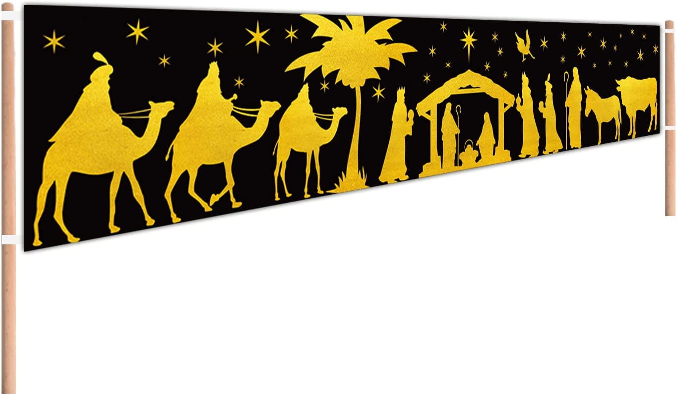 Black Gold Holy Nativity Christmas Banner Manger Scene Religious ...