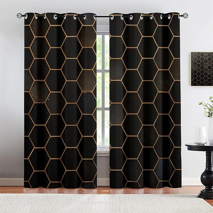 Black And Gold Honeycomb Geometry Blackout Curtains, Hexagonal Space ...
