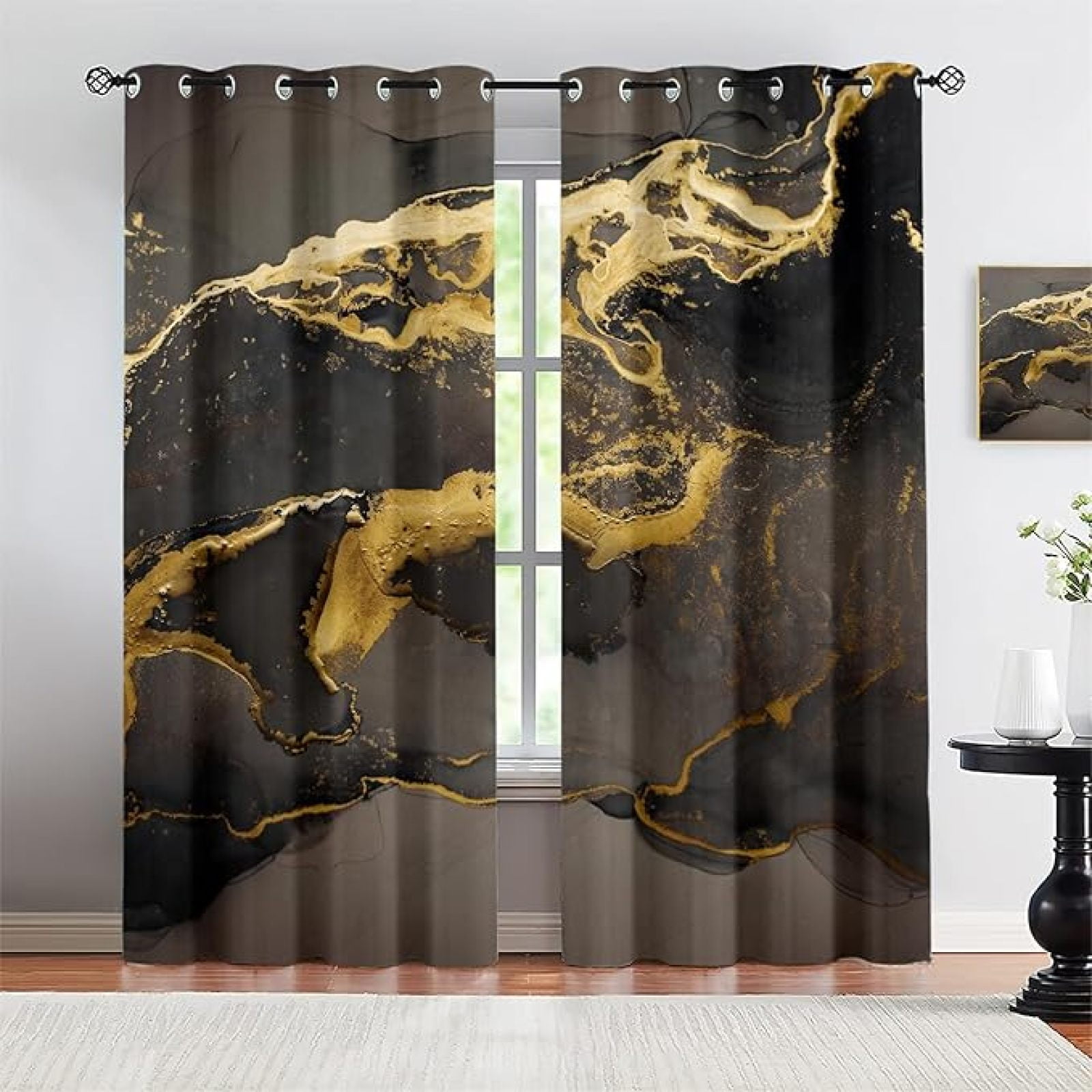Black Gold Ink Marble Blackout Curtains, Luxurious Gilt Swirl Texture ...