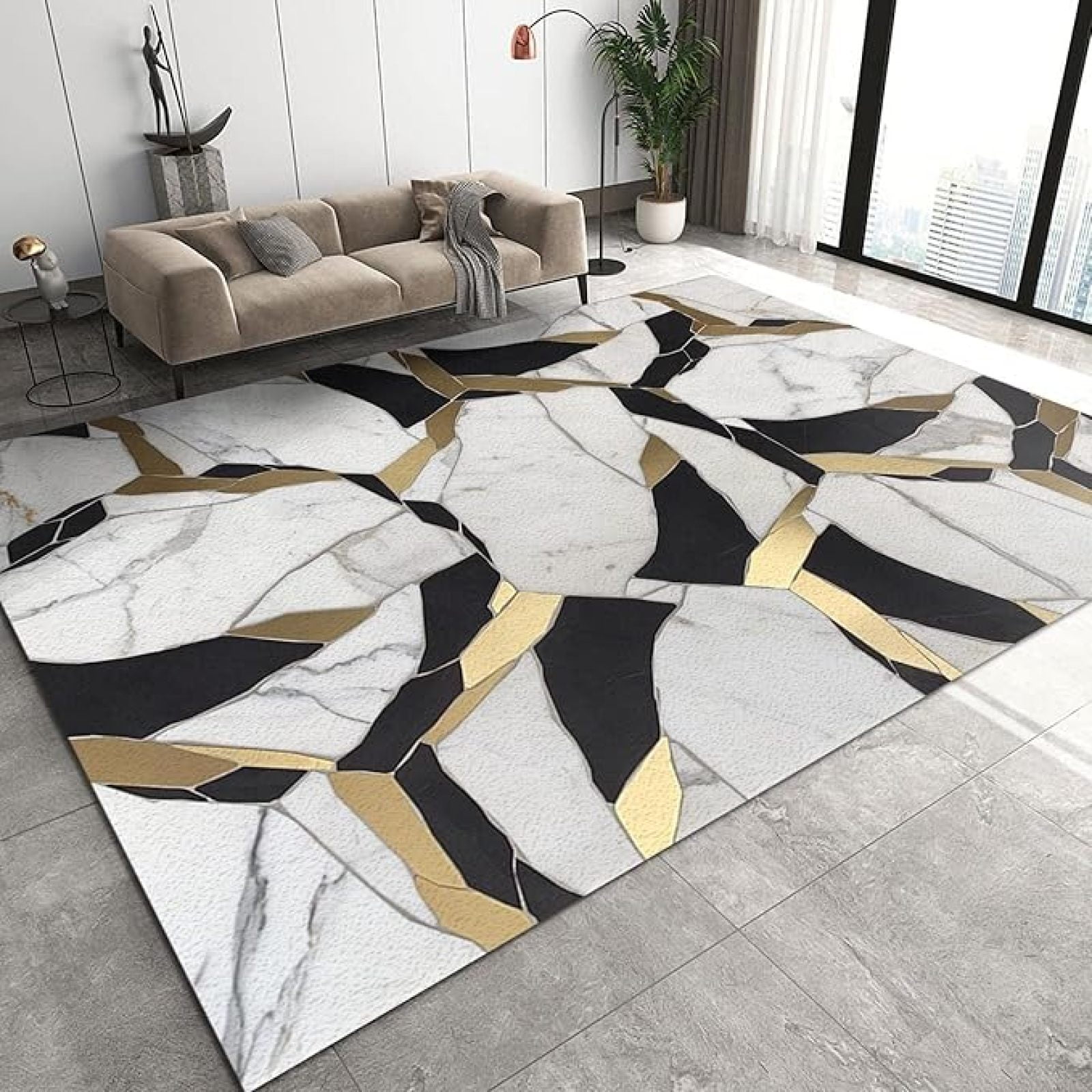 Black Gold Irregular Geometric Area Rug, White Marble Texture Soft ...