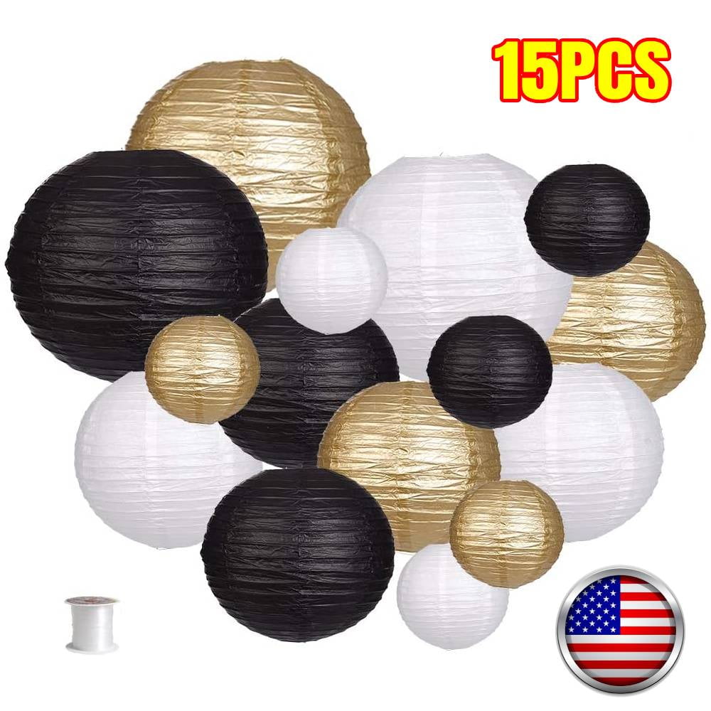 Black Gold Ivory White Paper Lanterns 15 Pcs Chinese Round Paper ...