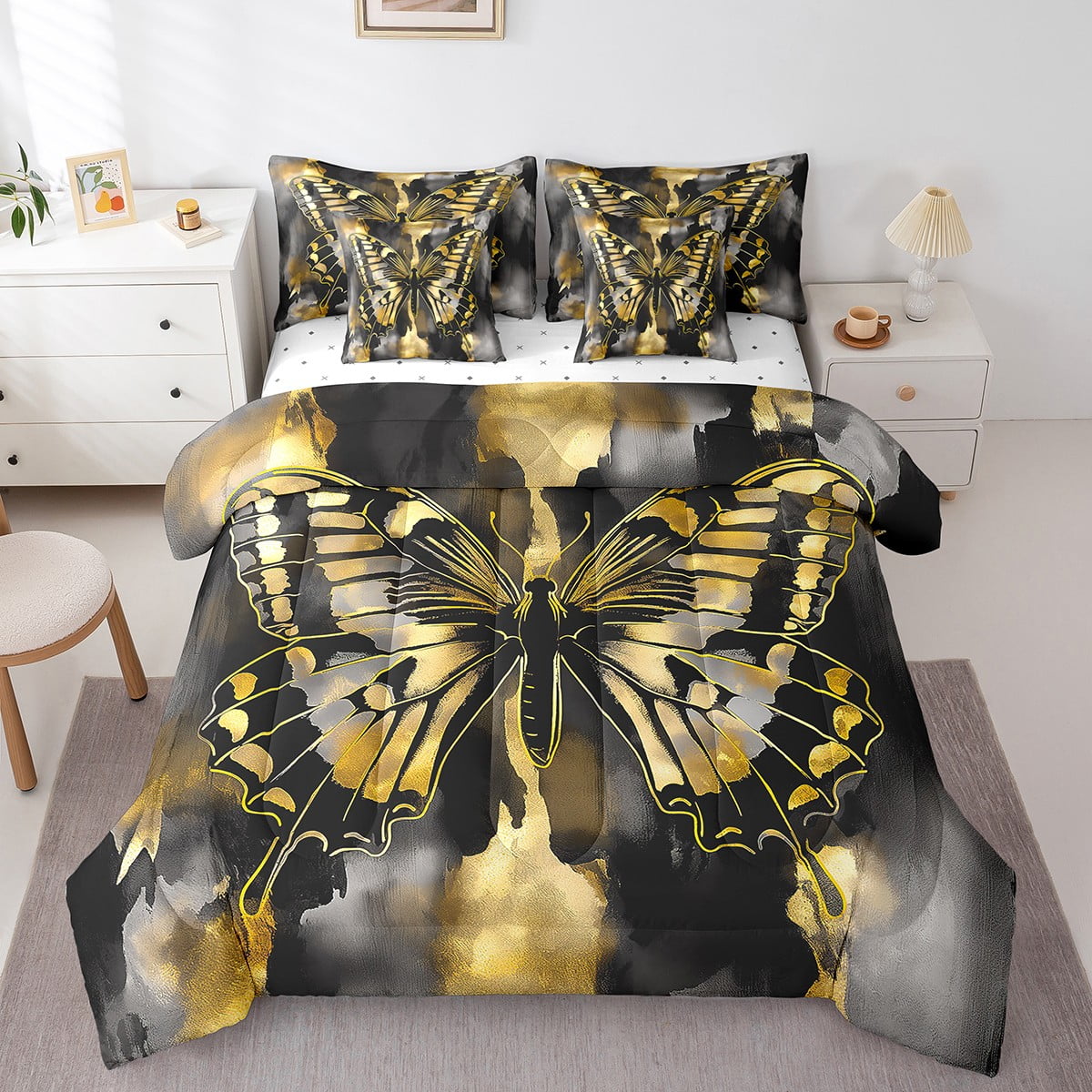 Black and Gold King Comforter Set 7-Piece Watercolor Marble Bedding ...