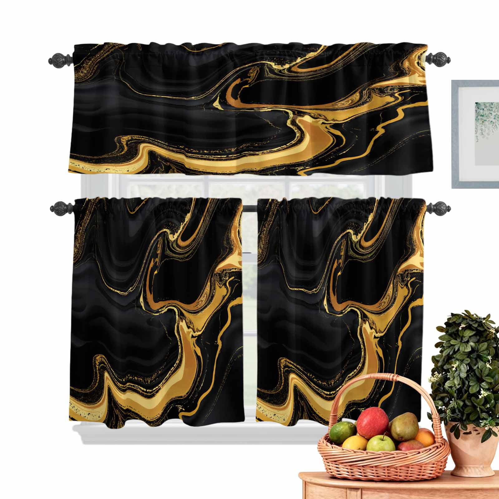 Black Gold Kitchen Curtains Valances 3 Piece Set, Marble Luxury ...