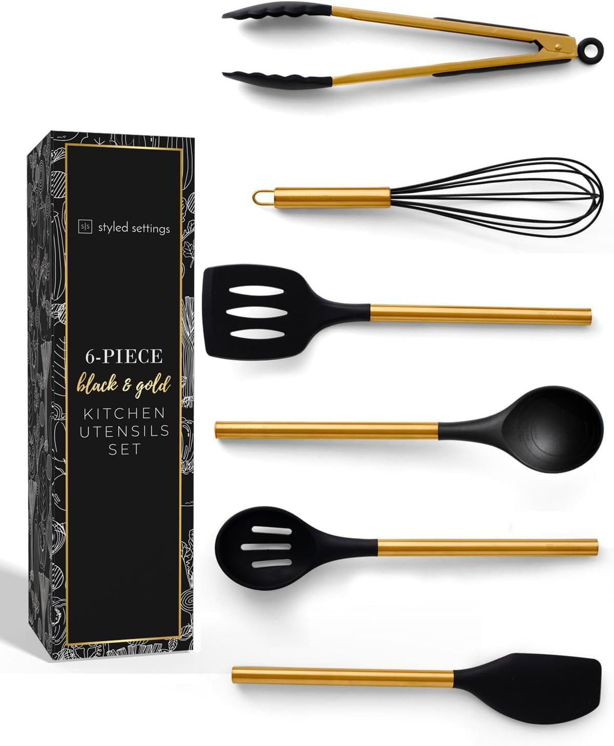 Black and Gold 6PC Kitchen Utensils Set - Silicone Cooking Ware with ...