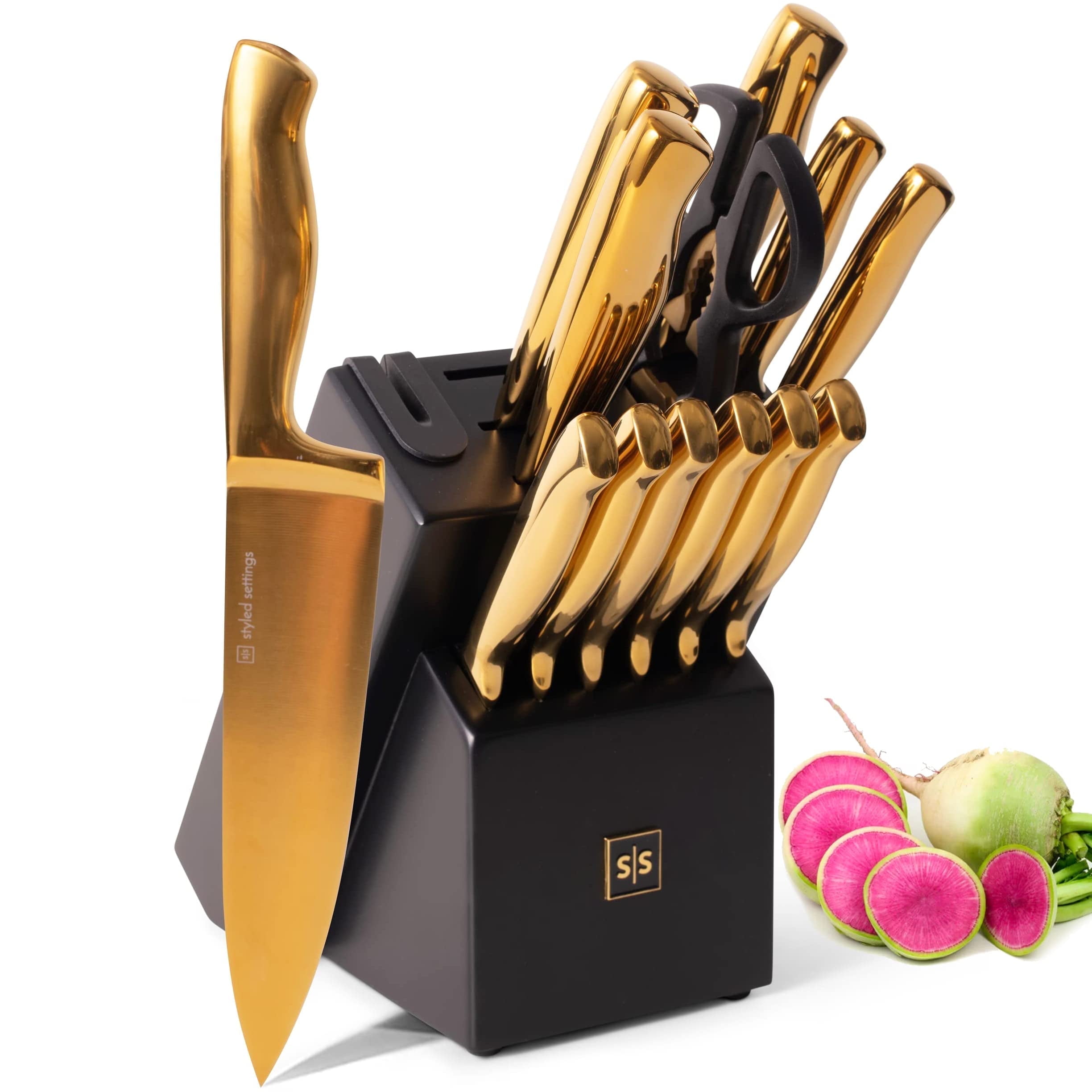 Black and Gold Knife Set with Block - 14 Piece Gold Knife Set with Sharpener Includes Full Tang ...
