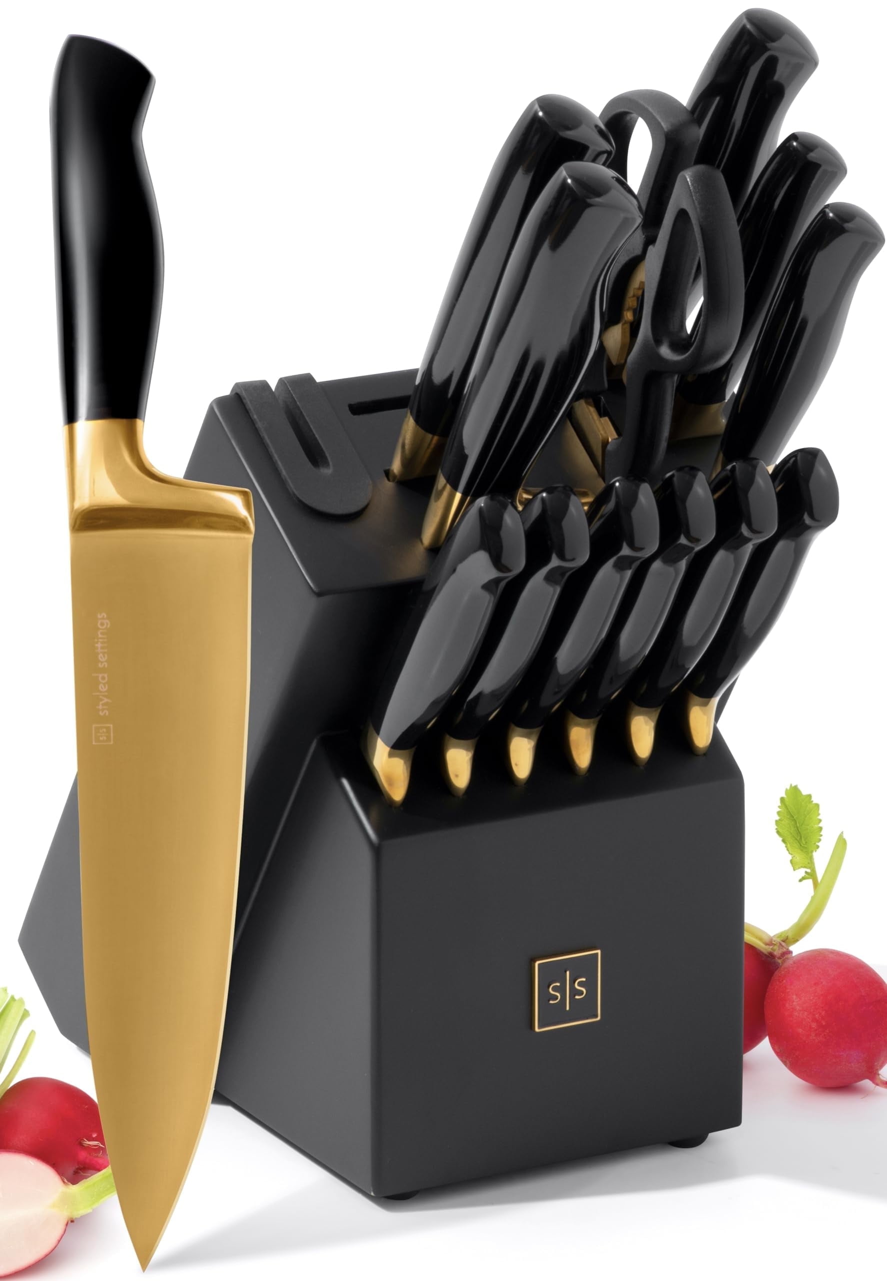 Black and Gold Knife Set with Sharpener- 14 PC Gold Knife Set with ...