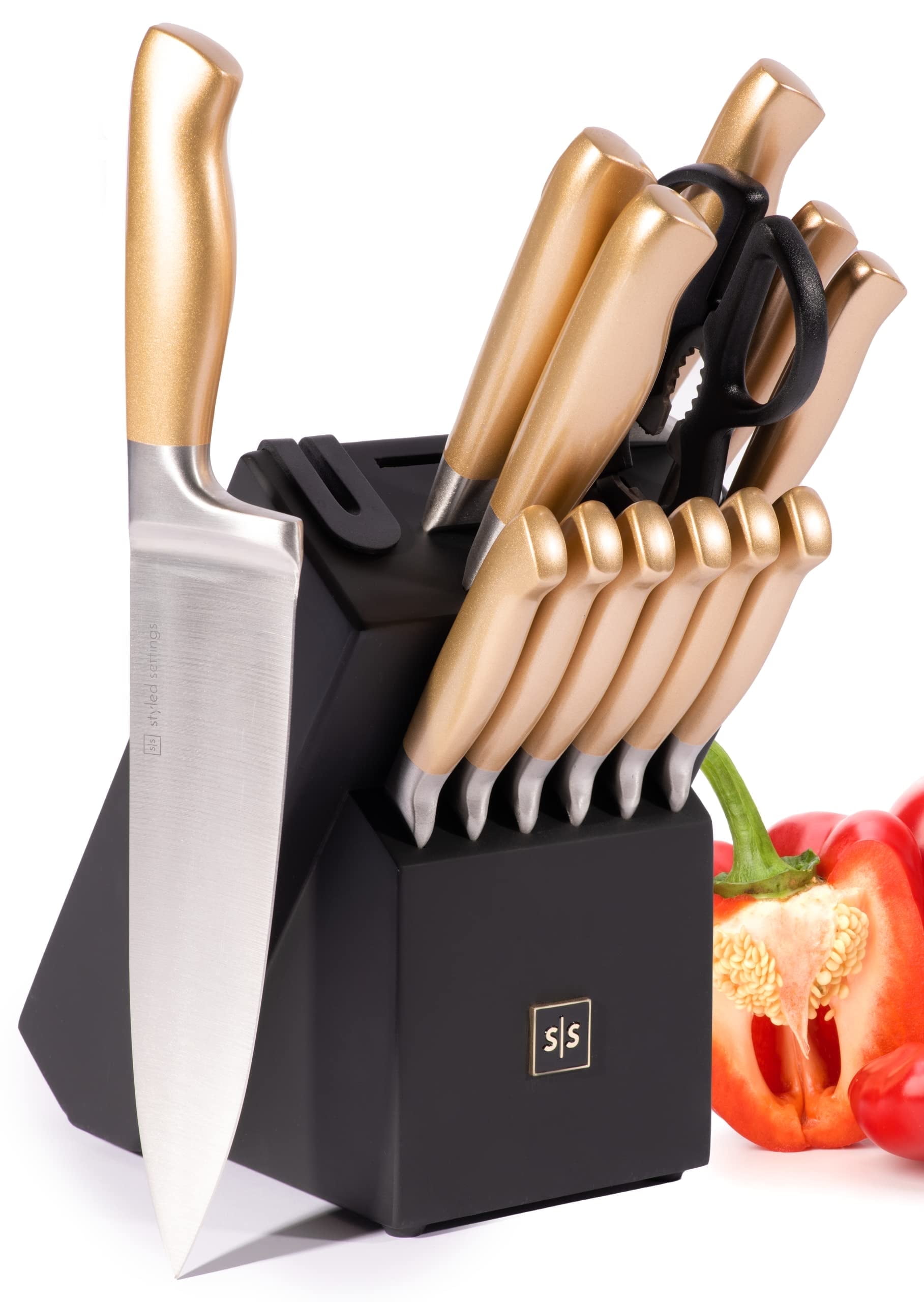 14-Piece Gold Cutlery Set with Self-Sharpening Black Block - Full Tang ...