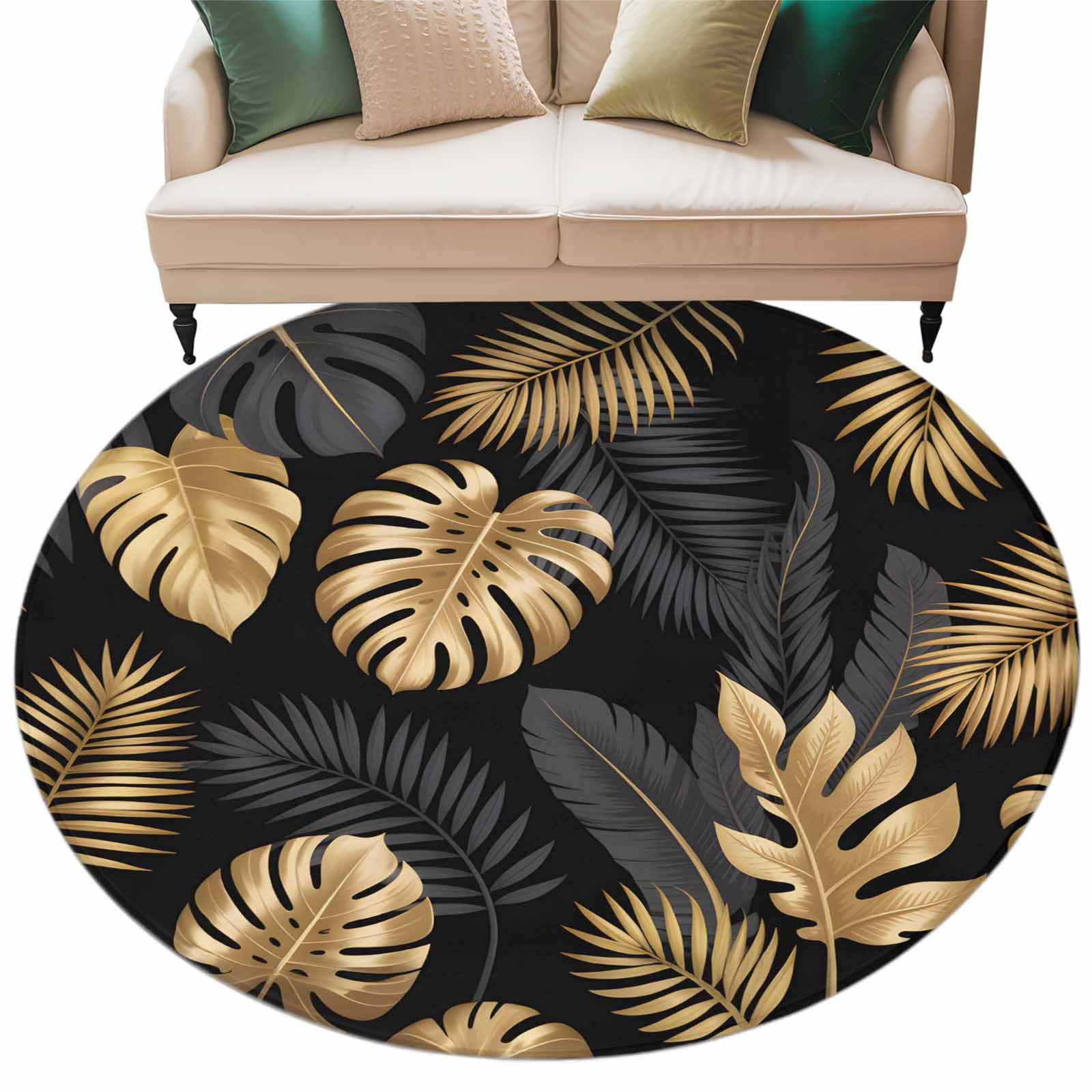 Black Gold Leaf Area Rug, Modern Luxury Gold Black Tropical Leaves ...