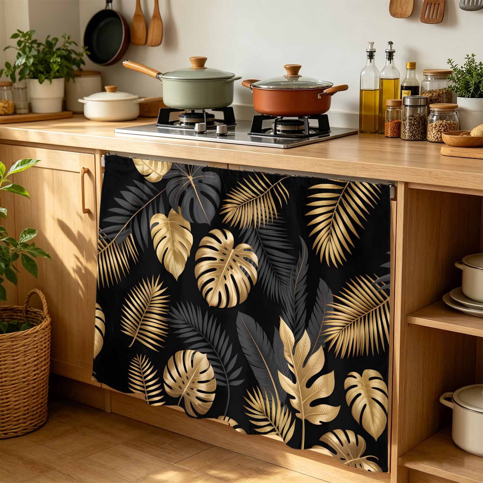 Black Gold Leaf Cabinet Curtains 35" W x 35" L Modern Luxury Gold Black ...