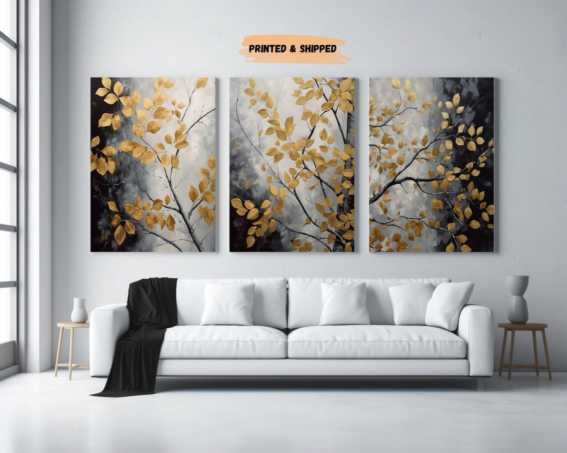Black Gold Leaf Wall Art Set 3 Unframed Paper Print 12x18 - Walmart.com