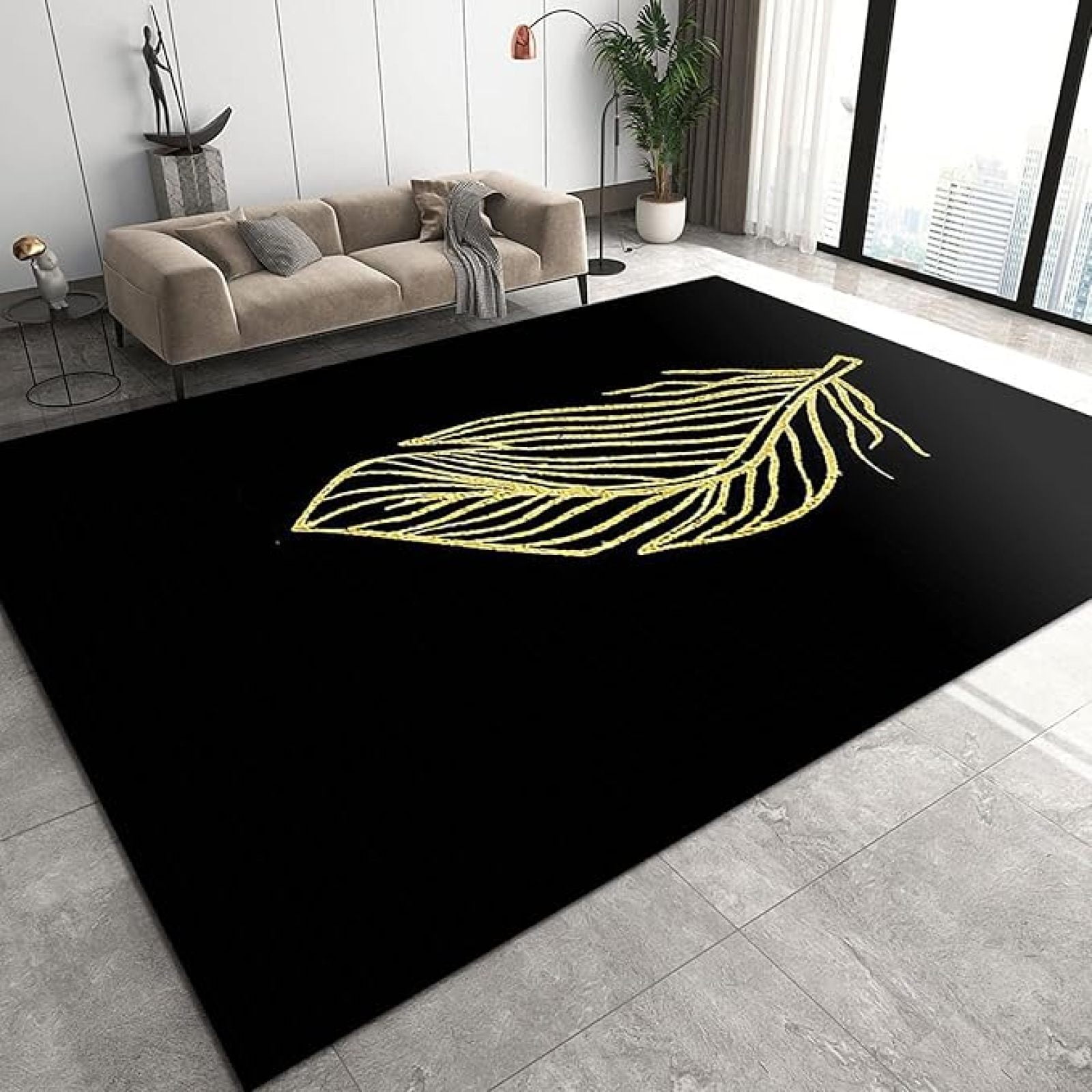 Black Gold Leaves Area Rug, Golden Lines Texture Leaves Non-Slip Kids ...