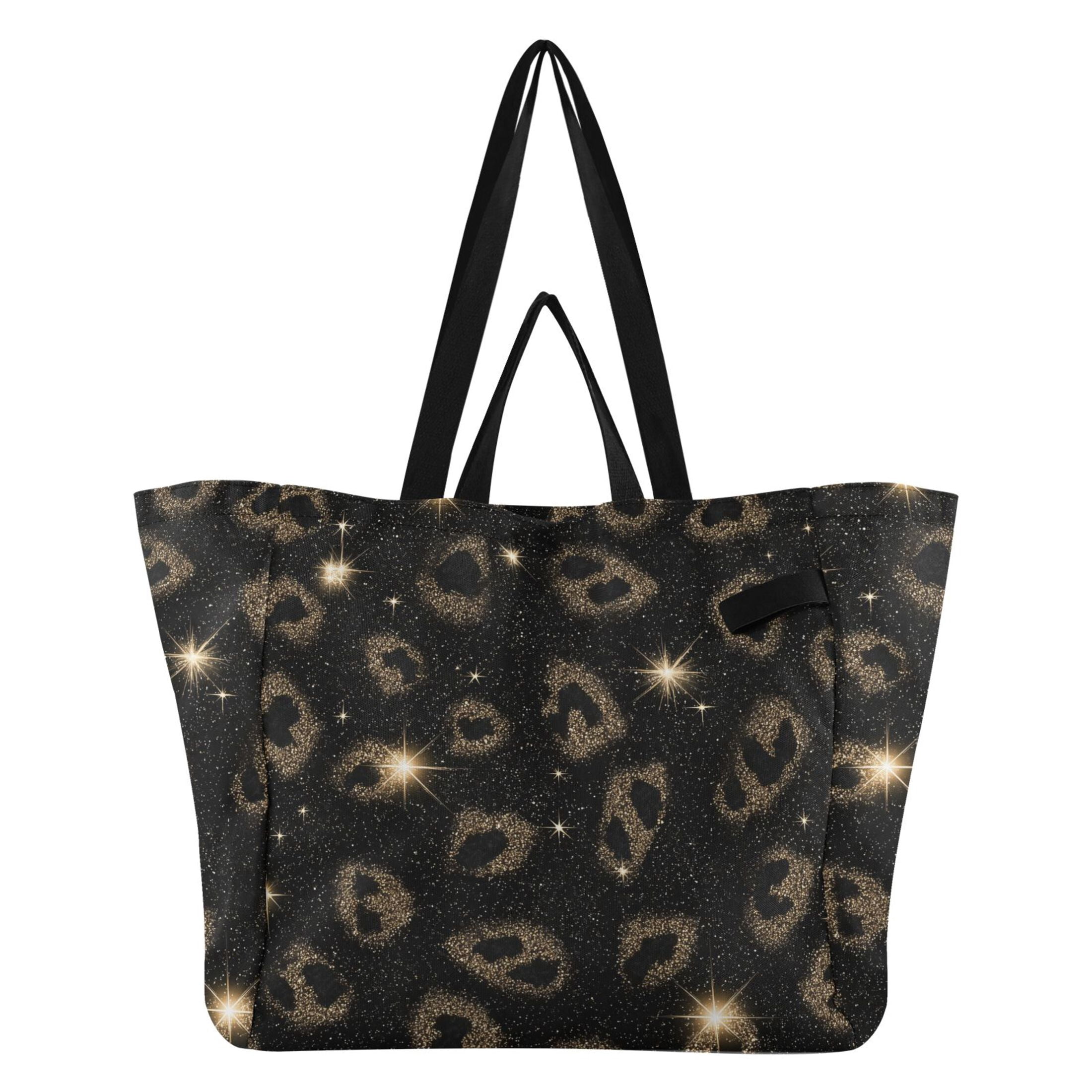 Black Gold Leopard Print with Glitter Foldable Canvas Tote Bags ...