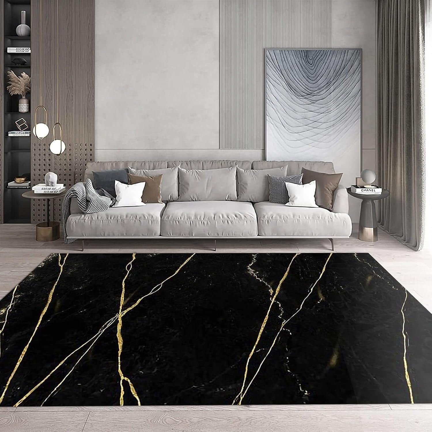 Black Gold Light Luxury Crack Area Rugs Simple Marble Washable Carpet ...