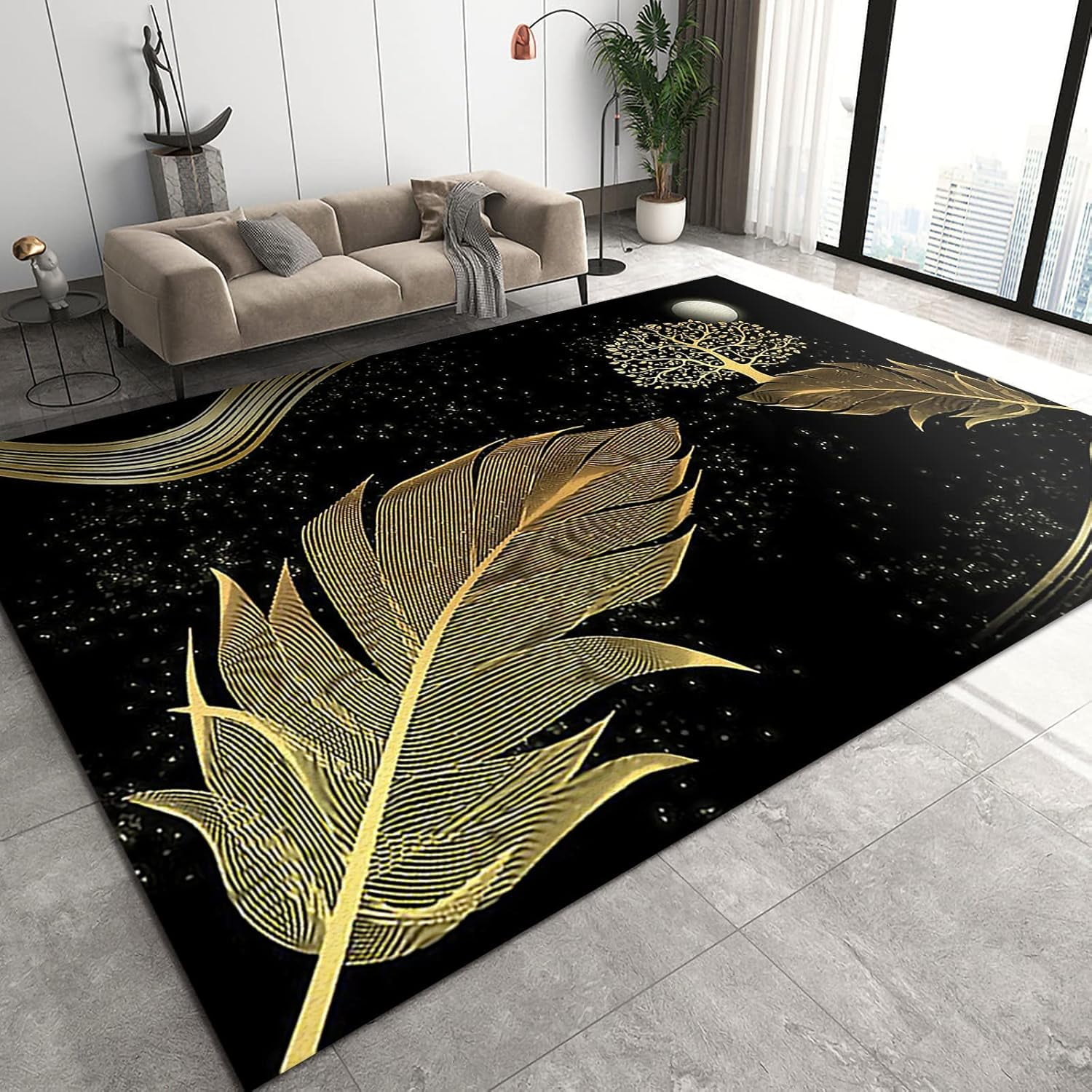 Black And Gold Light Luxury Leaf Line Area Rug, Full Moon Gold Tree ...