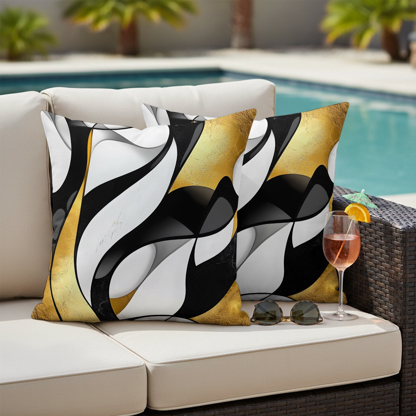 Black Gold Line Outdoor Throw Pillow Covers Set of 2, Metallic Texture ...