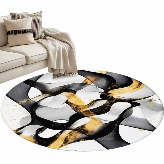 Black Gold Line Round Area Rug 4ft Street Art Non-Slip Washable Circle ...